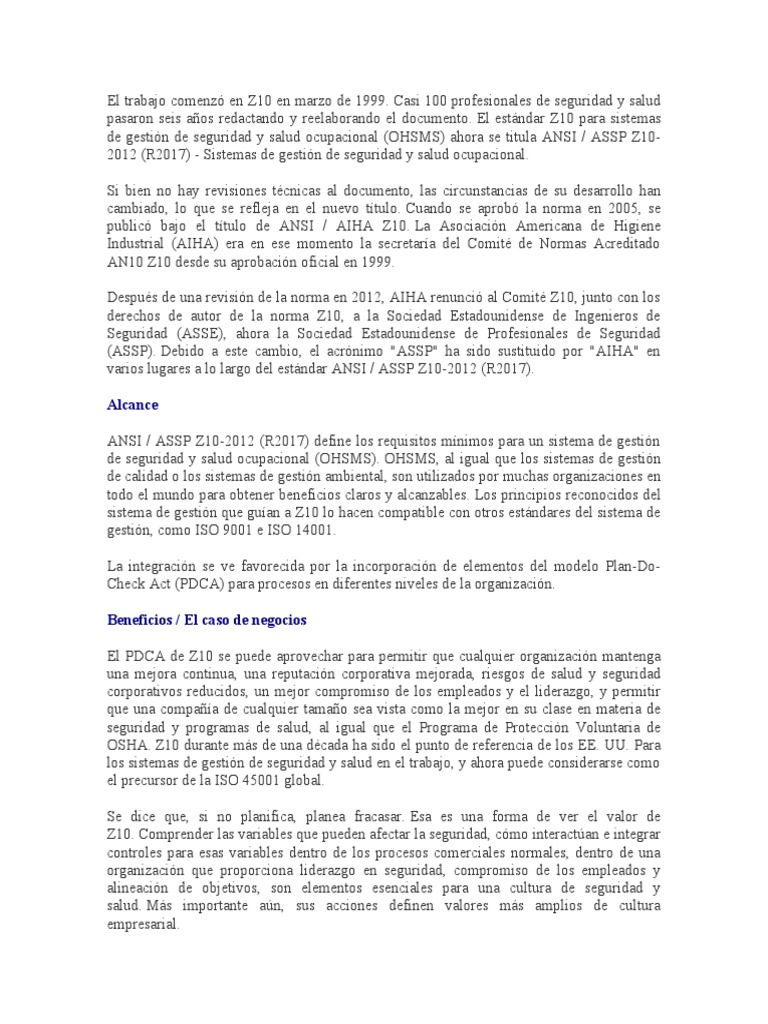 Estándar ANSI/ASSP Z10-2012: OHSMS | PDF | Seguridad | Empresas