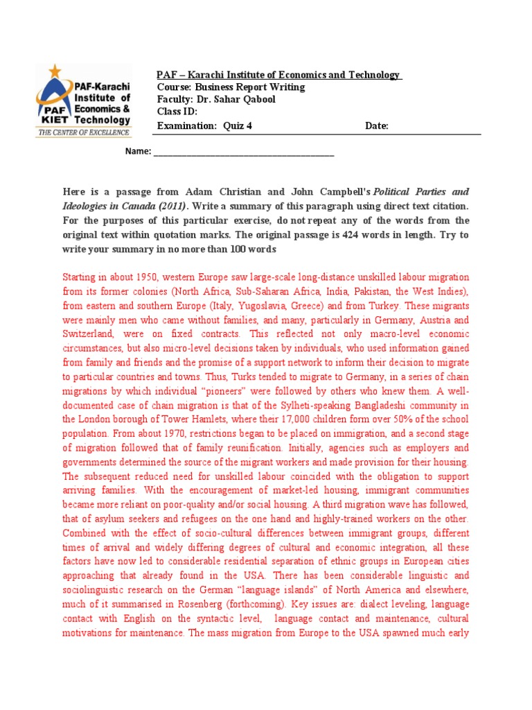 Quiz Summarizing QUIZ 4... | PDF | Immigration | Multilingualism