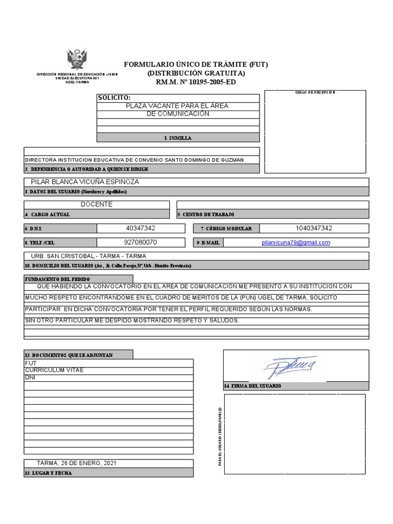 Formulario Único de Trámite (Fut) (Distribución Gratuita) RM.M. #10195 ...