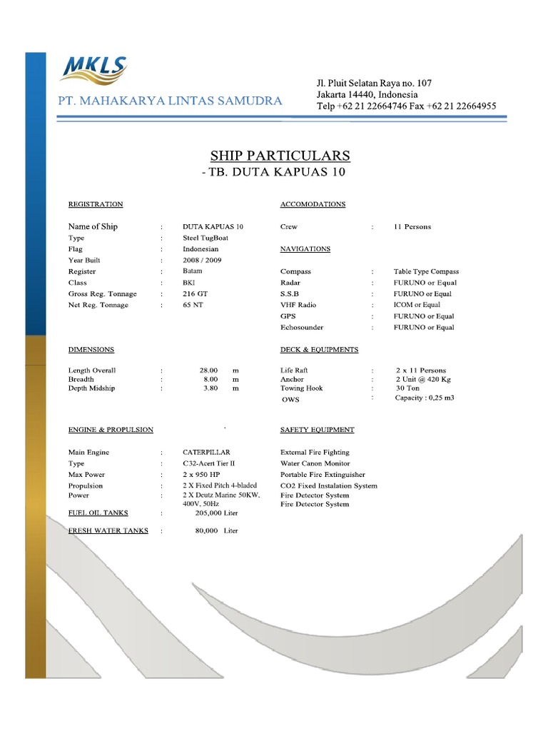 Ship Particular TB DK 10 & BG Kapuas 312 | PDF