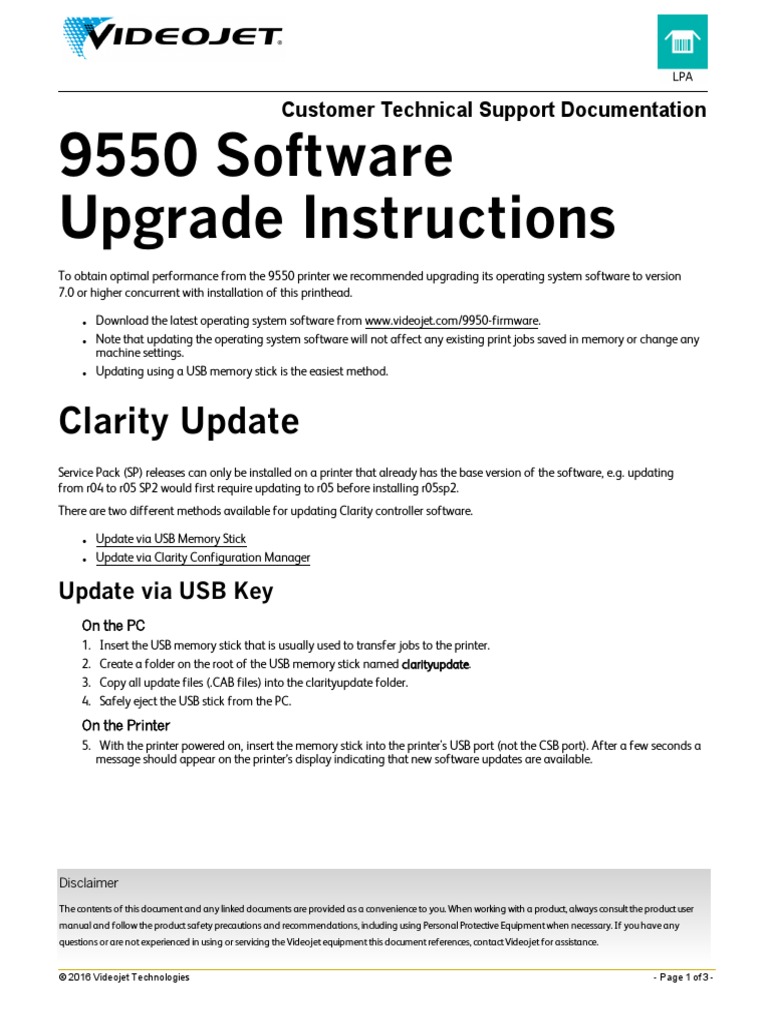 9550 Software Upgrade Instructions: Clarity Update | PDF | Usb Flash Drive | Printer (Computing)
