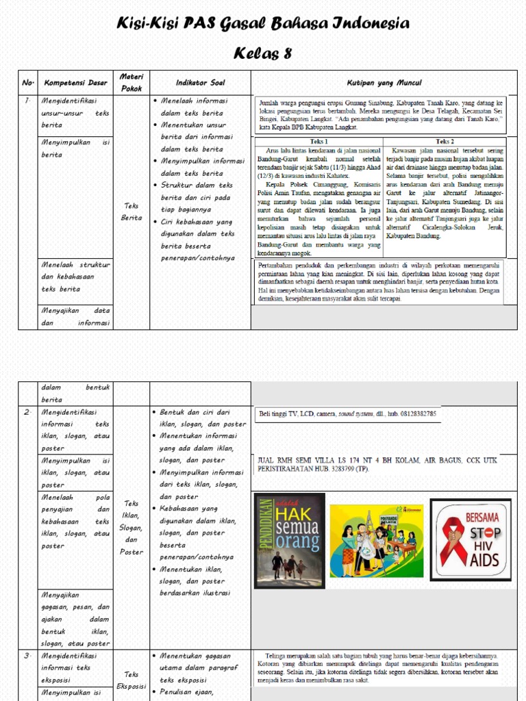 Kisi-Kisi Dan Rangkuman Bahasa Indonesia Kelas 8 | PDF