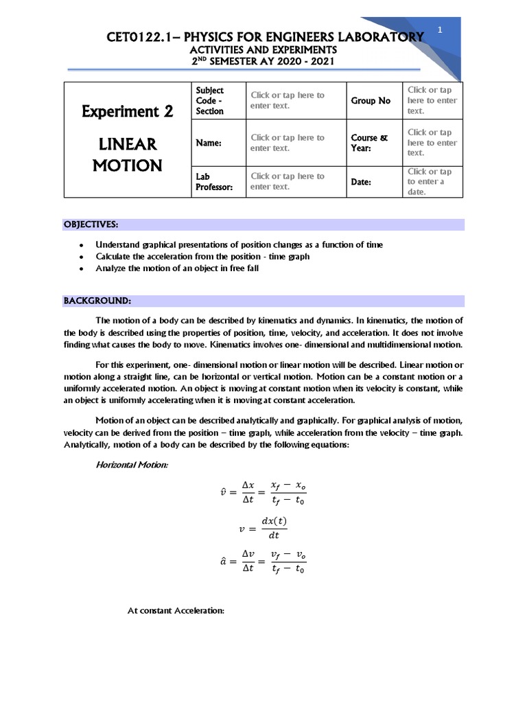 Experiment 2 Linear Motion: Cet0122.1 - Physics For Engineers ...