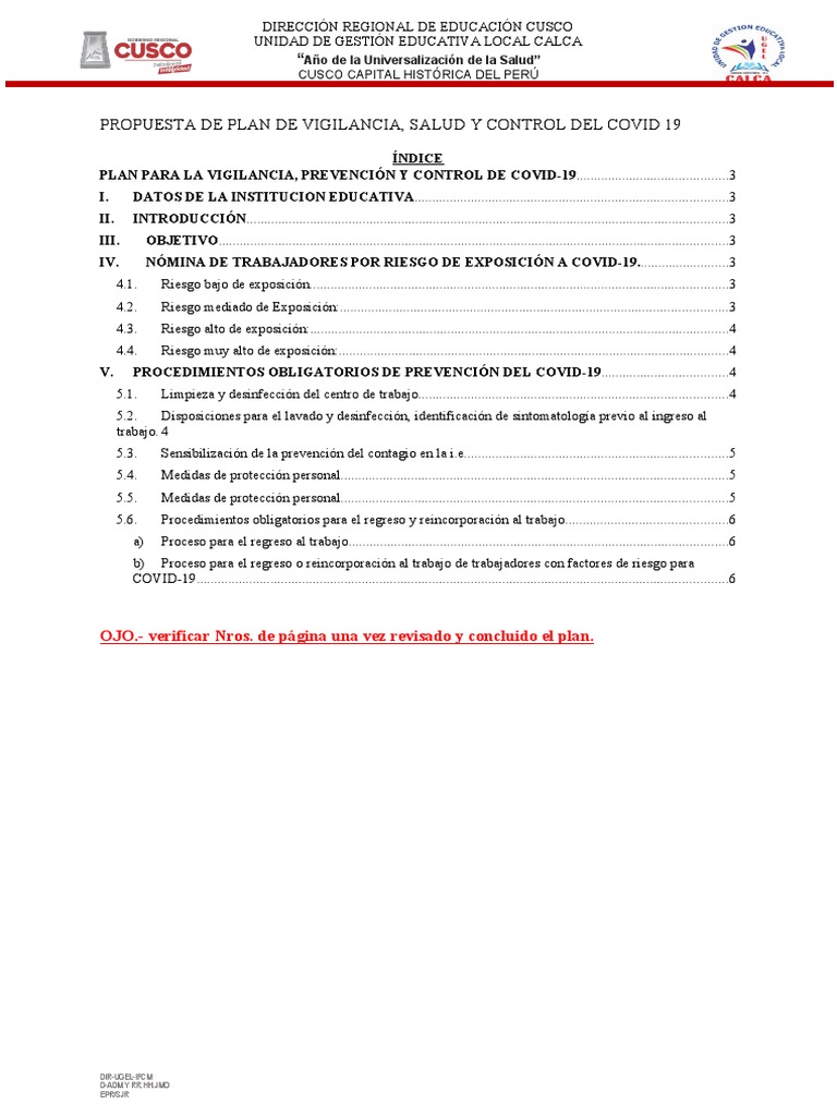 Plan en Formato Word Del Plan de Vigilancia, Prevención y Control Del ...