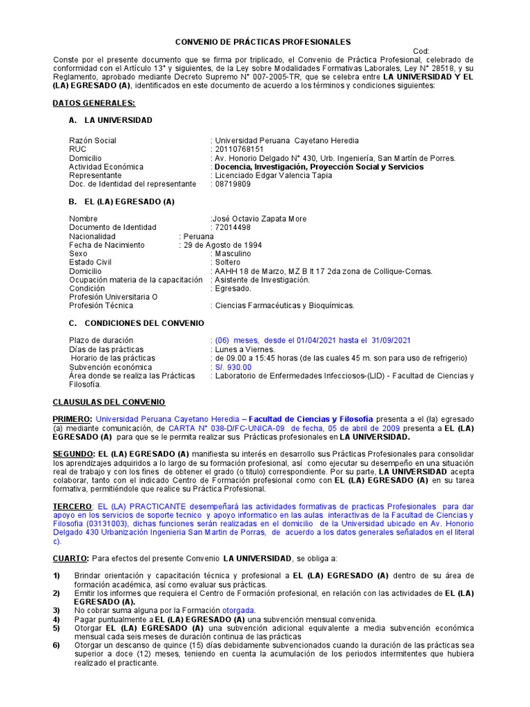 Modelo de Convenio de Practicas Profesionales J.O.Z.M | PDF ...