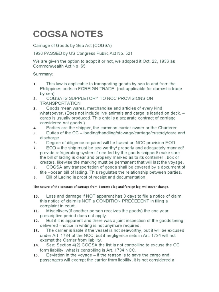 Cogsa Notes: The Nature of The Contract of Carriage From Domestic Leg ...