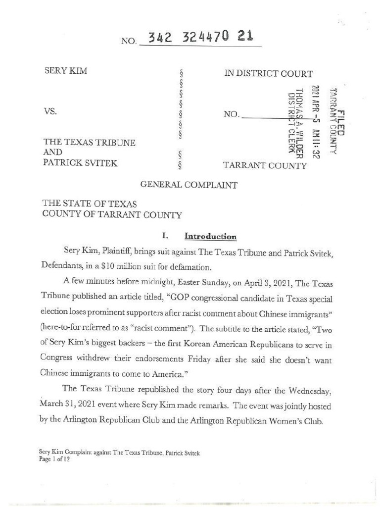 Sery Kim 10 Million Defamation Lawsuit Against The Texas Tribune | PDF