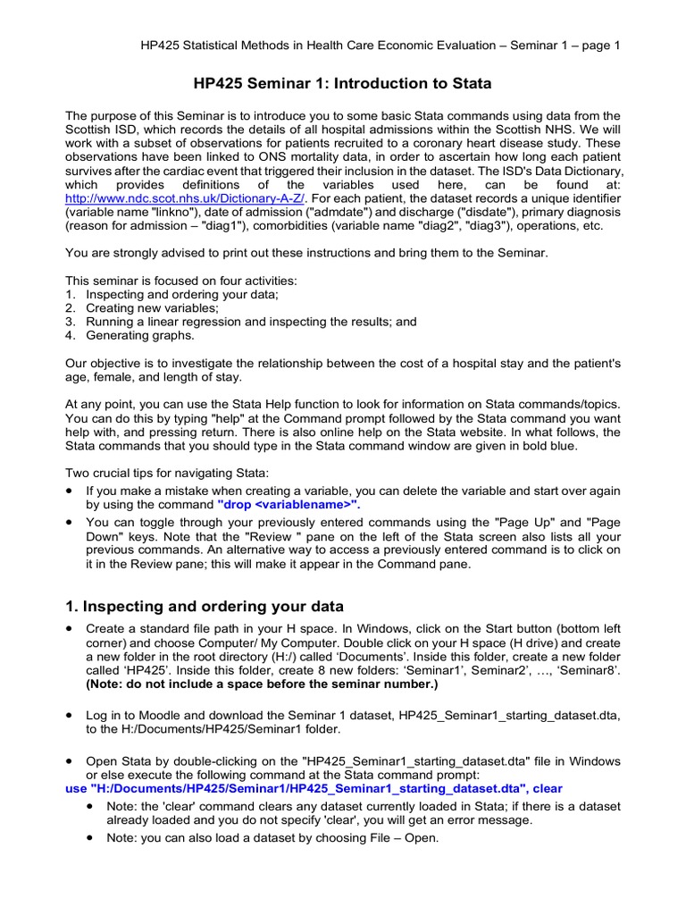 HP425 Seminar 1: Introduction To Stata: "Drop " | PDF | Regression Analysis | Computer File