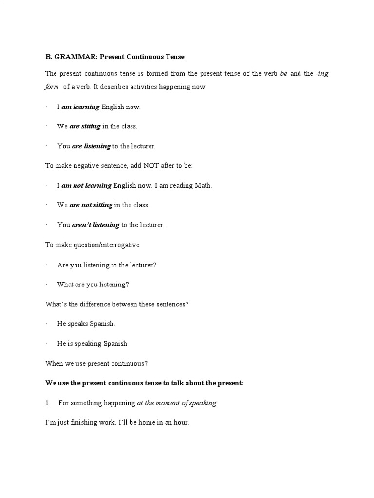 Present Continuous Tense | PDF | Language Mechanics | Grammar