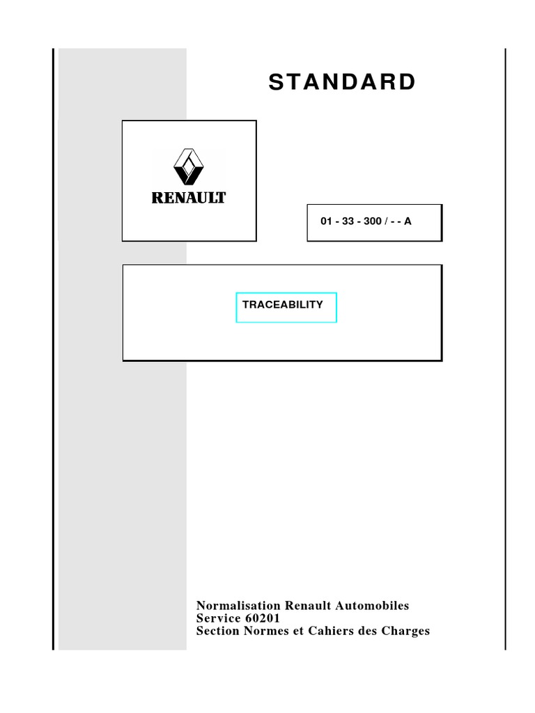 Standard: Normalisation Renault Automobiles Service 60201 Section Normes Et Cahiers Des Charges ...