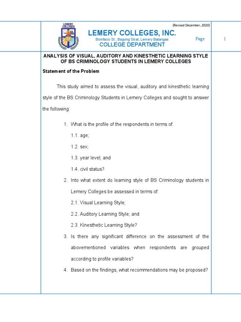 Lemery Colleges, Inc.: College Department | PDF | Learning Styles ...