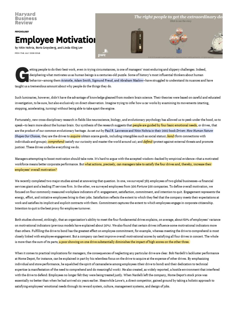 Employee Motivation: A Powerful New Model: by Nitin Nohria, Boris ...