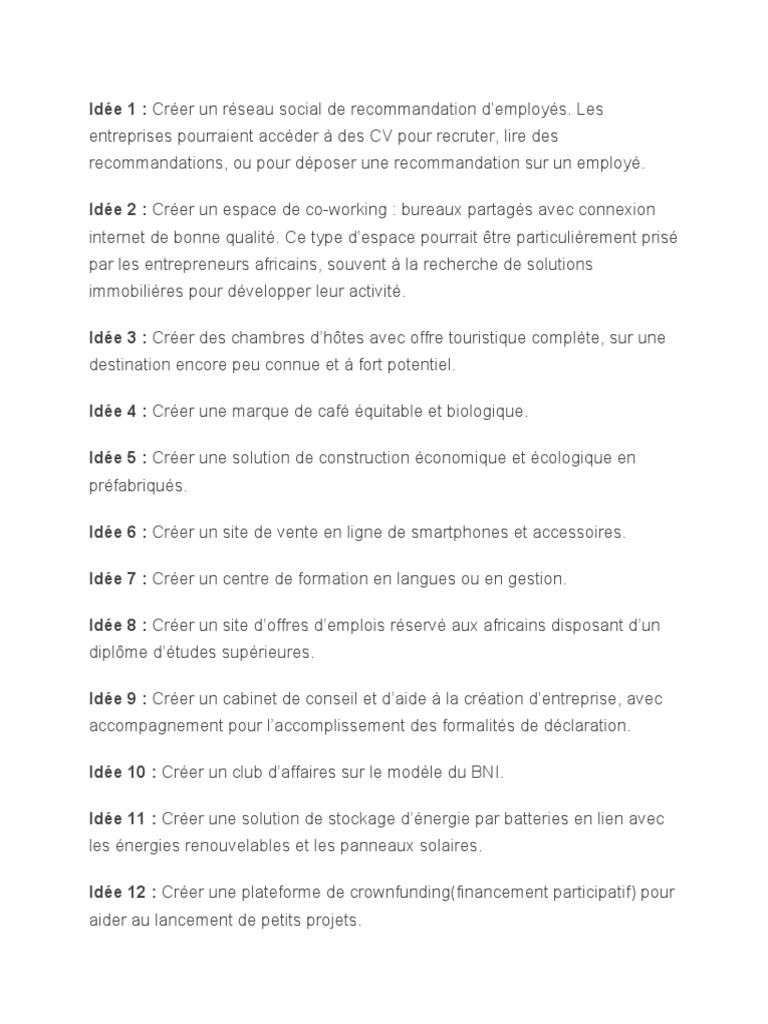 30 Idées d'Entreprises Innovantes | PDF | Sociétés | Afrique