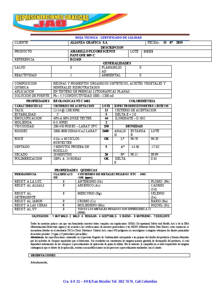 Amarillo Fluorescente Pantone 809-C RG3425 | PDF | Átomos | Sustancias ...