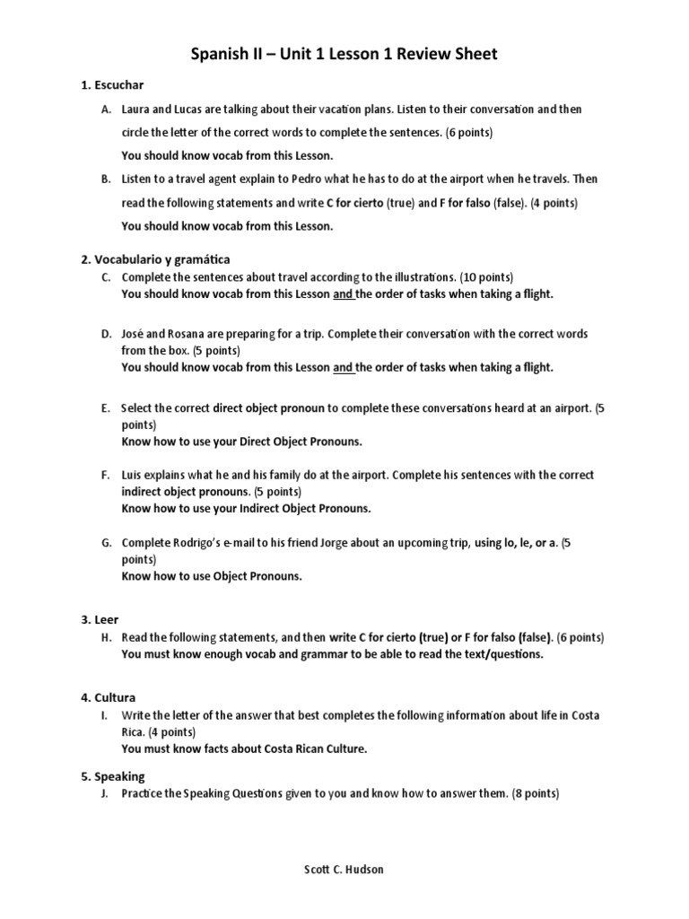Span II - Unit 1 Lesson 1 Review Sheet | PDF | Language Arts & Discipline