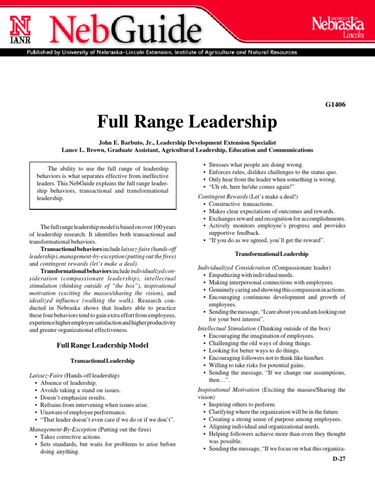 Full Range Leadership | PDF | Transformational Leadership | Leadership