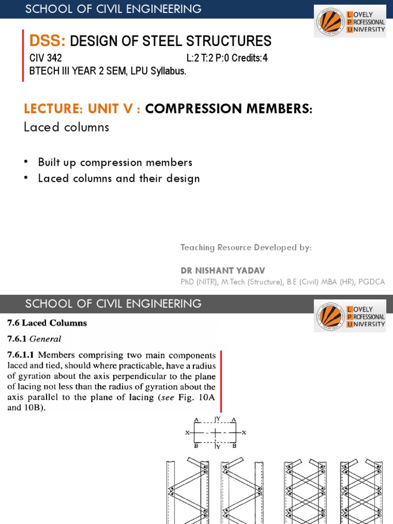 14 Lecture Compression Member Laced Column DSS | PDF | Bending | Screw