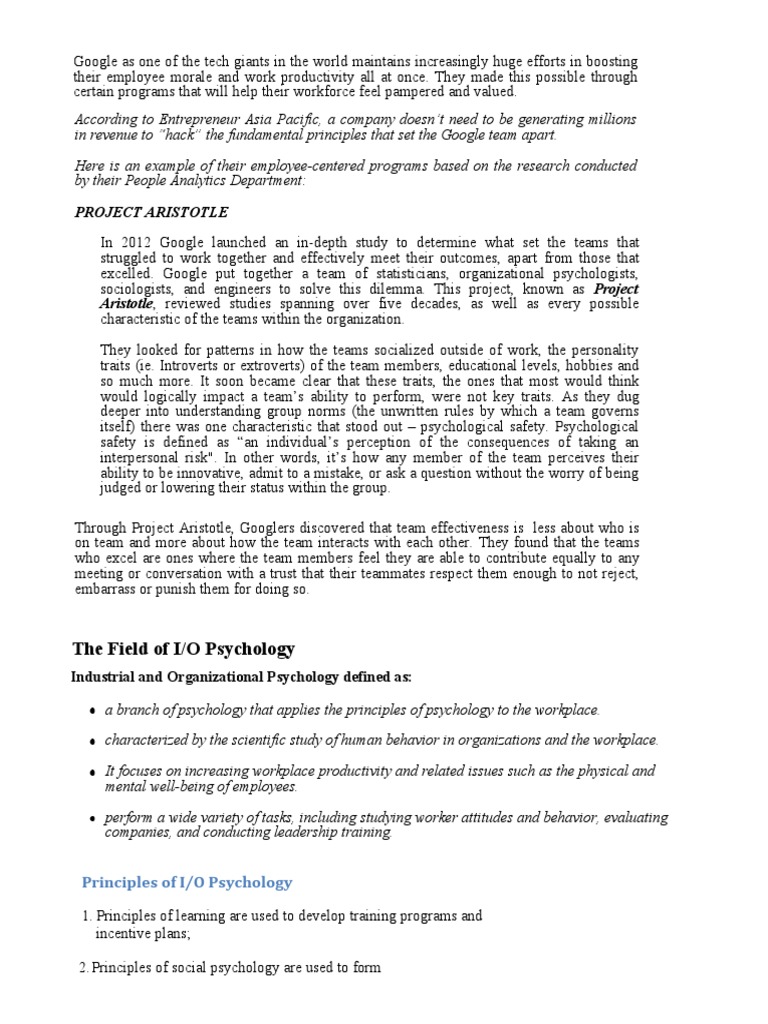 Project Aristotle: The Field of I/O Psychology | Download Free PDF ...