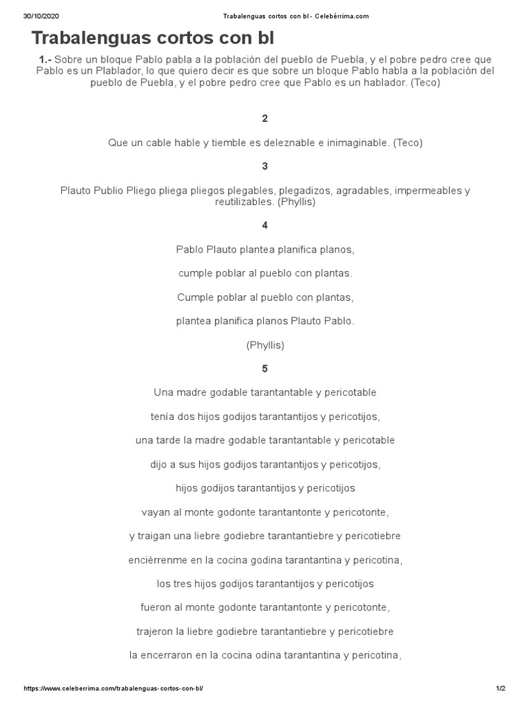 Trabalenguas Cortos Con BL | PDF