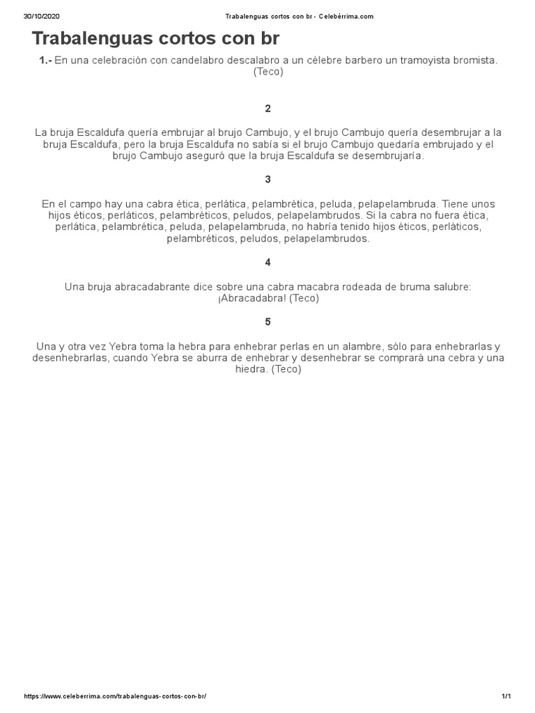 Trabalenguas Cortos Con BR: 1.-En Una Celebración Con Candelabro Descalabro A Un Célebre Barbero ...