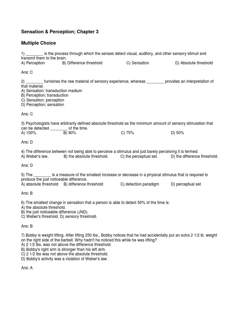 Sensation and Perception Quiz Answers | PDF | Perception | Senses