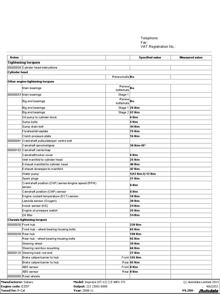 Torques Subaru Impreza 2.5 EJ257 | PDF | Rotating Machines | Vehicle ...