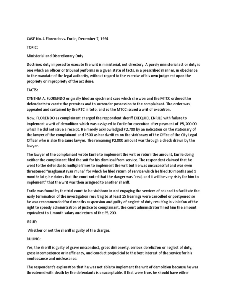 Ministerial vs Discretionary Duty | PDF | Sheriff | Judgment (Law)