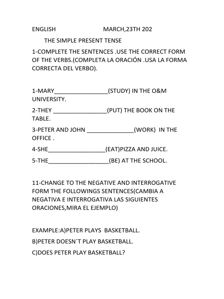 Exercise About The Simple Present Tense | PDF | Science & Mathematics