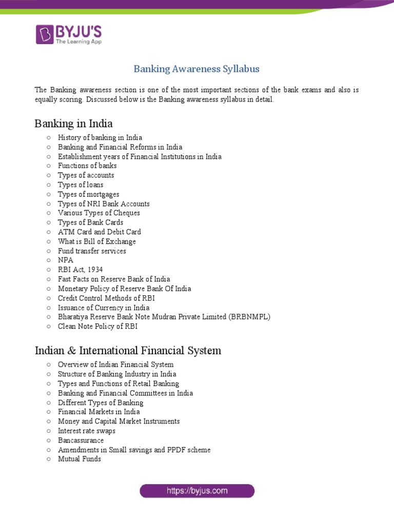 Banking Awareness Syllabus Overview | PDF | Reserve Bank Of India | Banks