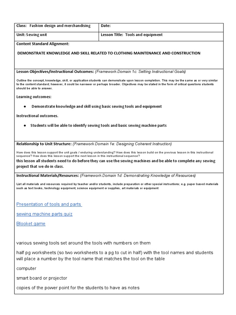 Technology Lesson Plan 1 | PDF | Sewing | Further Education