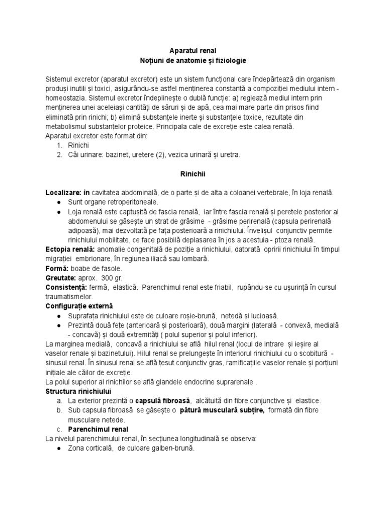 Aparatul Renal - Noțiuni de Anatomie Și Fiziologie | PDF