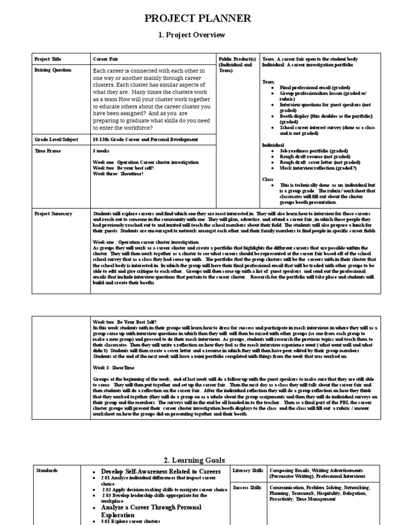 Career Fair Project Planner The Real One | PDF | Project Based Learning ...