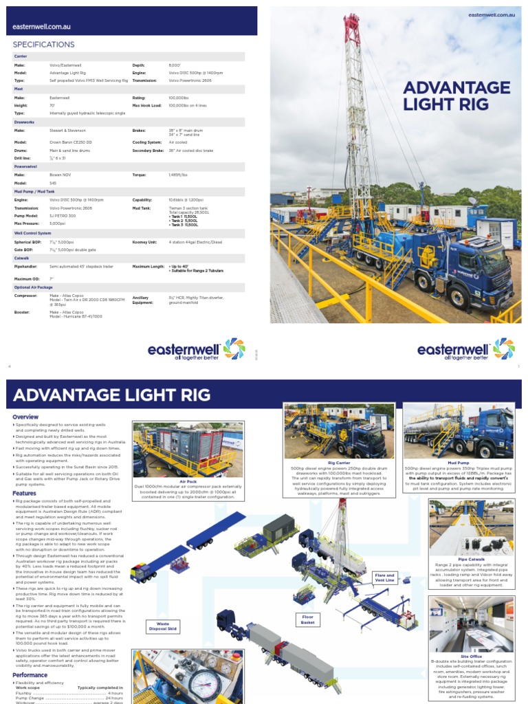 Easternwell Advantage Light Rig Specs | PDF | Drilling Rig | Pump