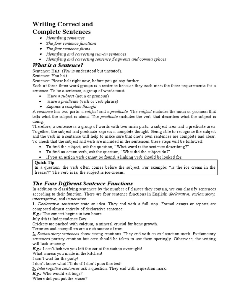 Writing Correct and Complete Sentences | PDF | Sentence (Linguistics ...