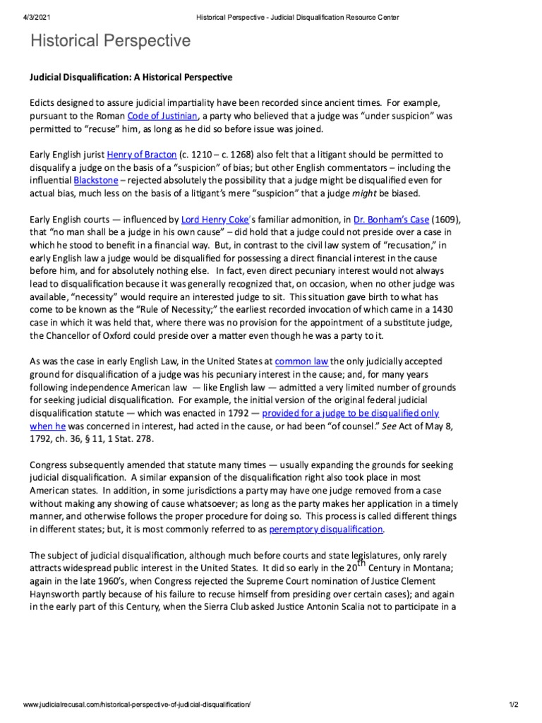 Historical Perspective - Judicial Disqualification Resource Center | PDF