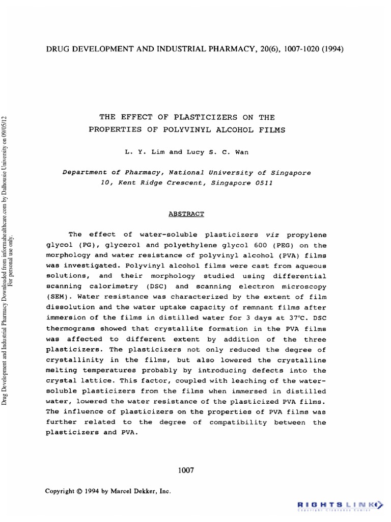 Effect of Plasticizers On The Properties of Polyvinyl Alcohol Films ...