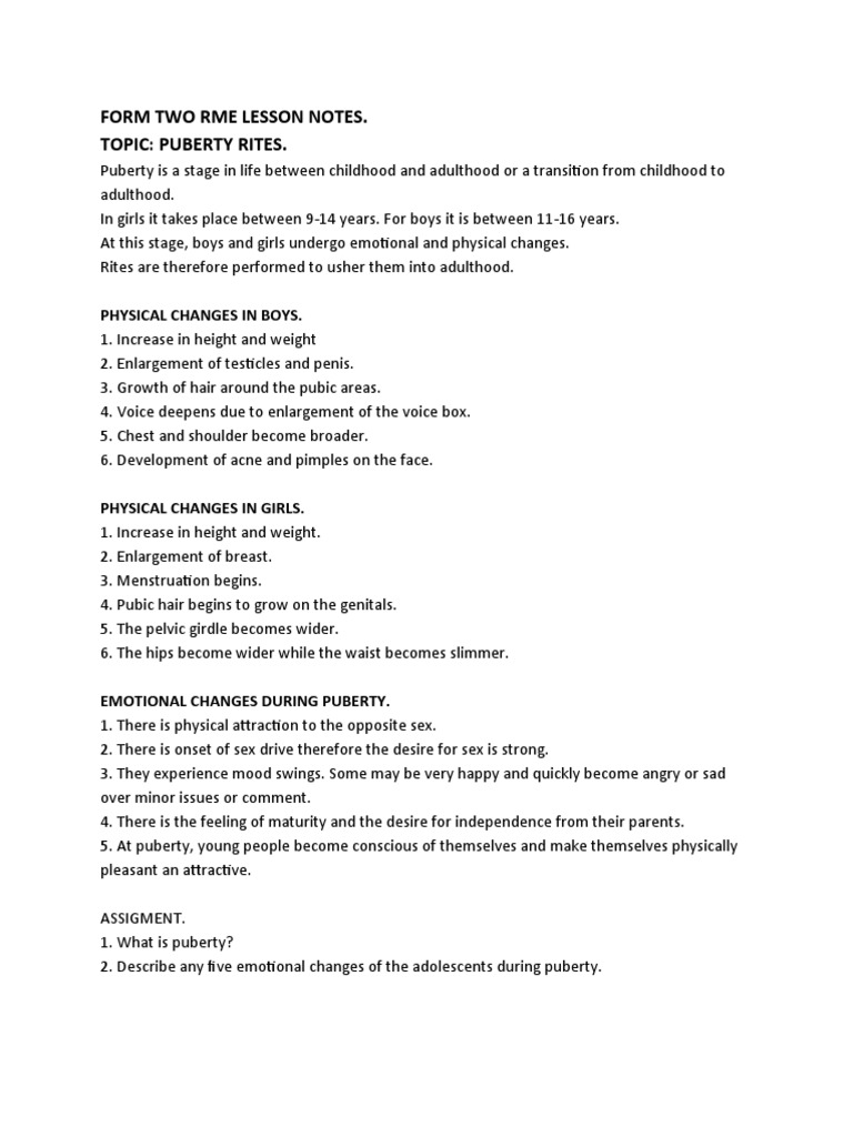 Form Two Rme Lesson Notes. Topic: Puberty Rites.: Physical Changes in ...