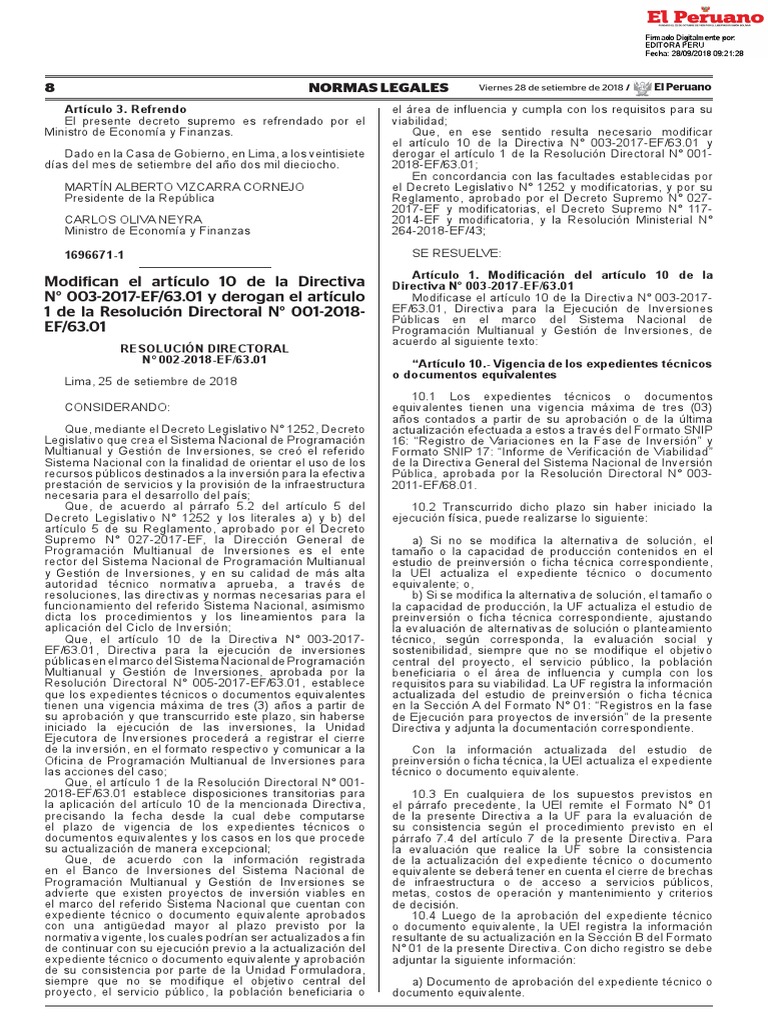 Modifican El Articulo 10 de La Directiva N 003 2017 Ef630 Resolucion ...