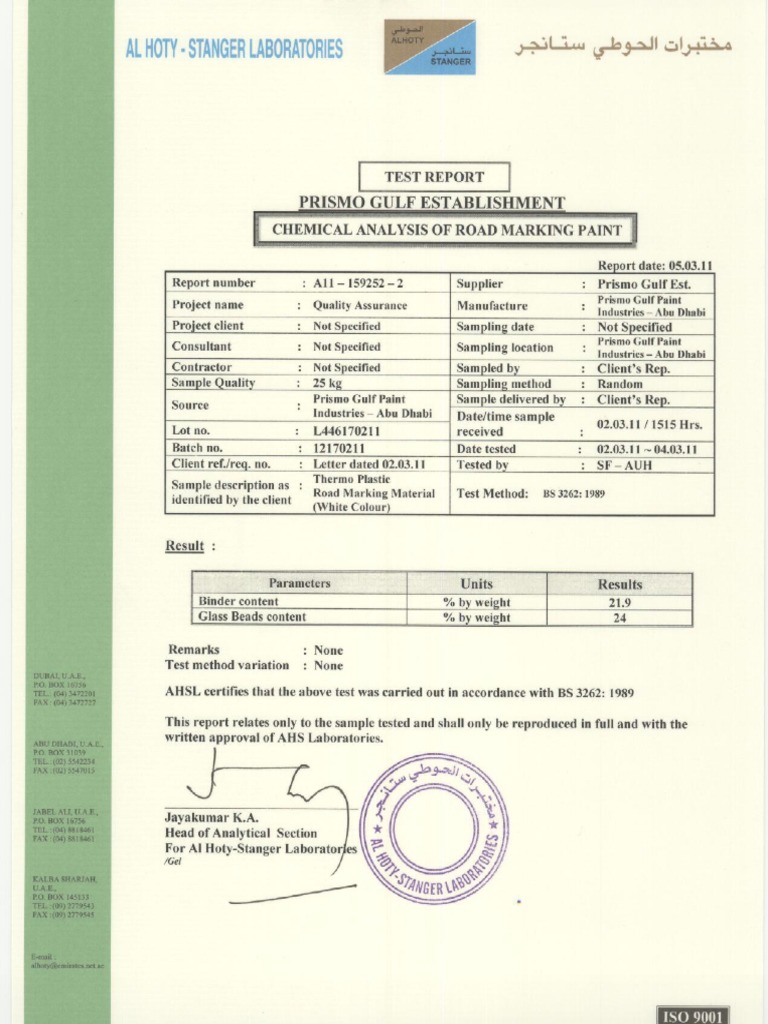 Test Report Prismo Road Marking Paint | PDF