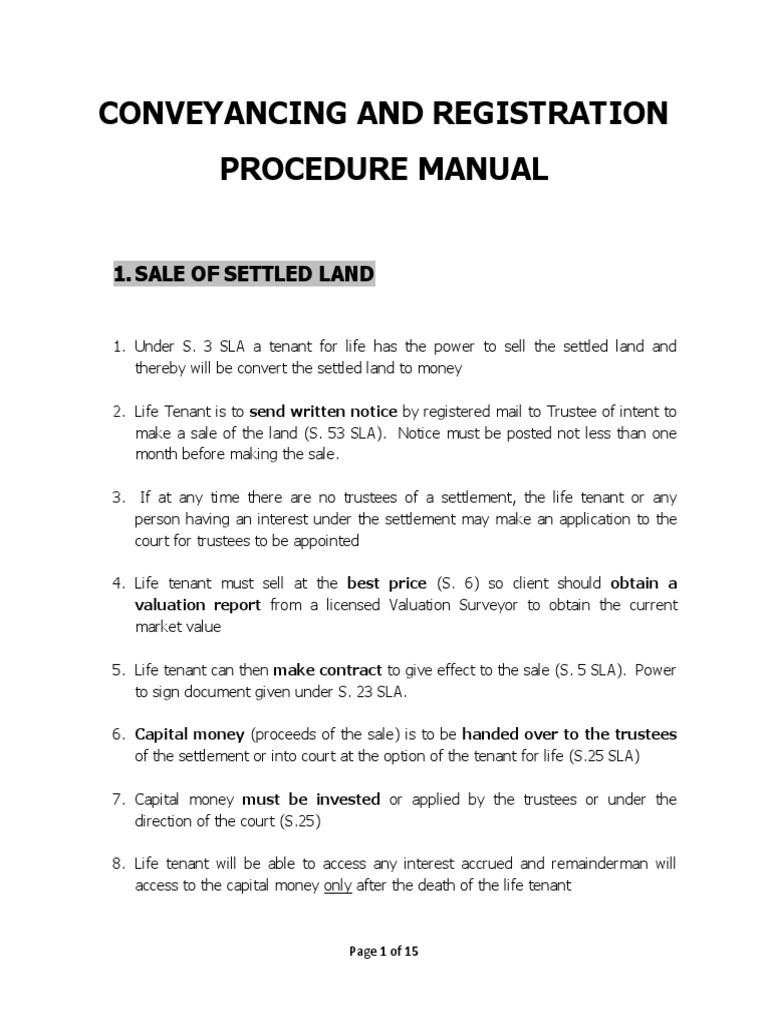 Conveyancing and Registration Procedure Manual: 1. Sale of Settled Land ...
