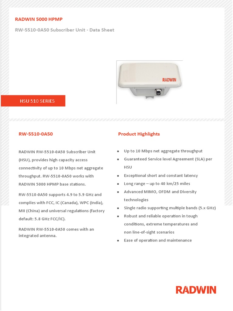RW-5510-0A50 Subscriber Unit - Data Sheet: Radwin 5000 HPMP | PDF ...