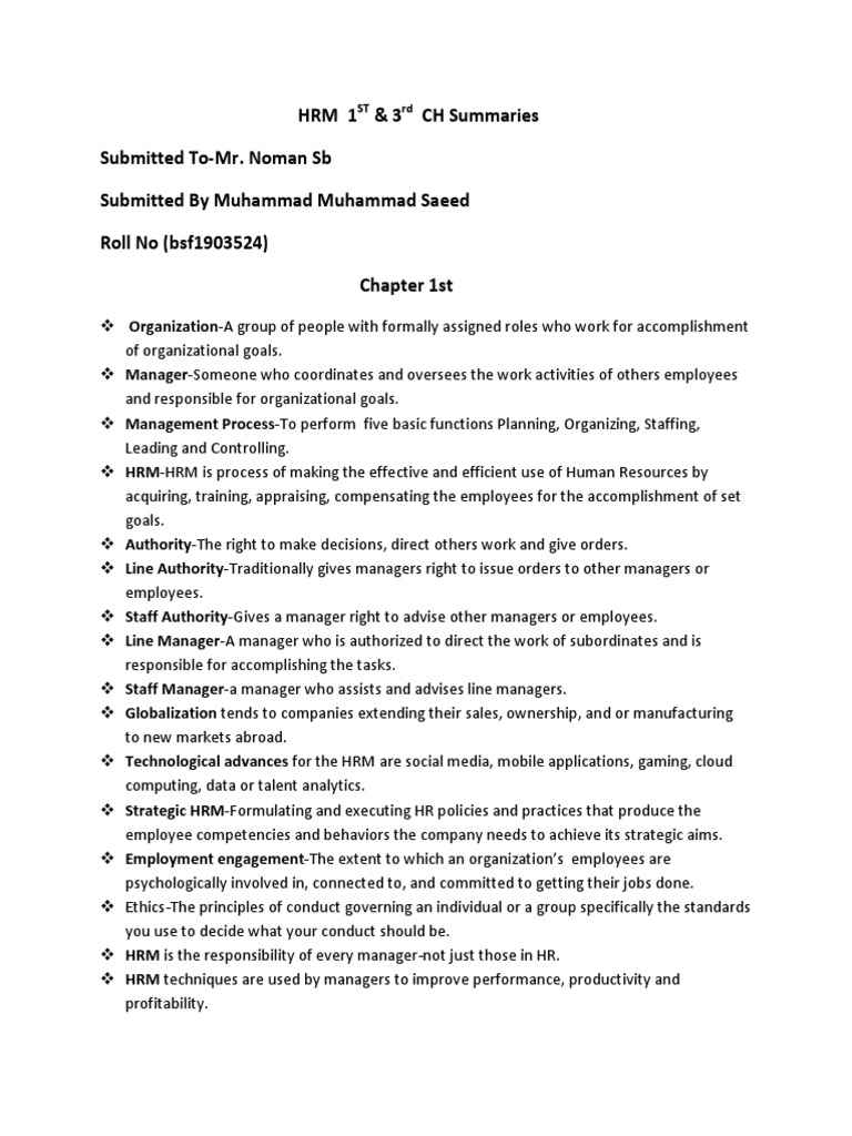 Priciples of HRM 1st and 3rd Chapters Summaries by Garry Dessler | PDF ...