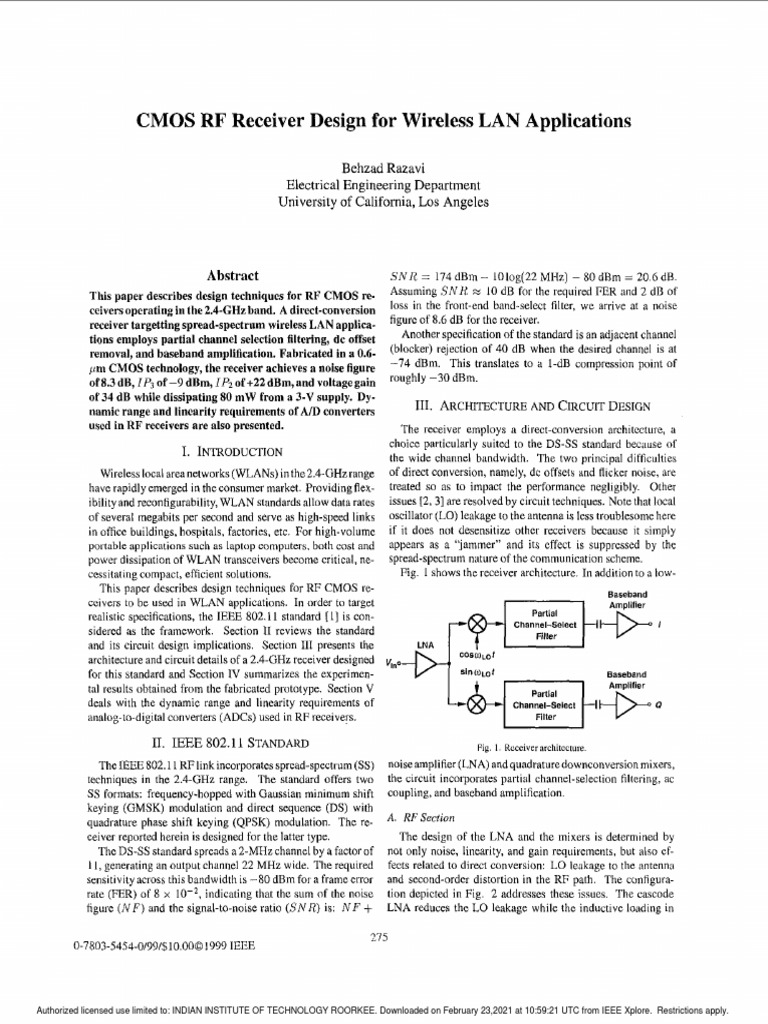 CMOS RF Receiver Design For Wireless Application B Razavi | PDF ...
