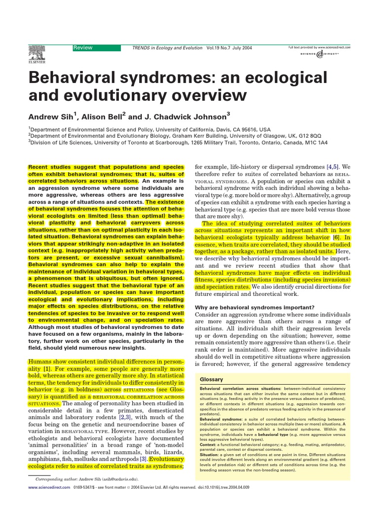 Sih Et Al. 2004. Behavioural Syndromes. An Ecological and Evolutionary ...
