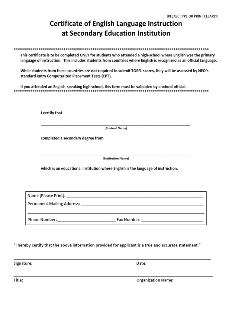 Certificate of English Instruction Verification | PDF