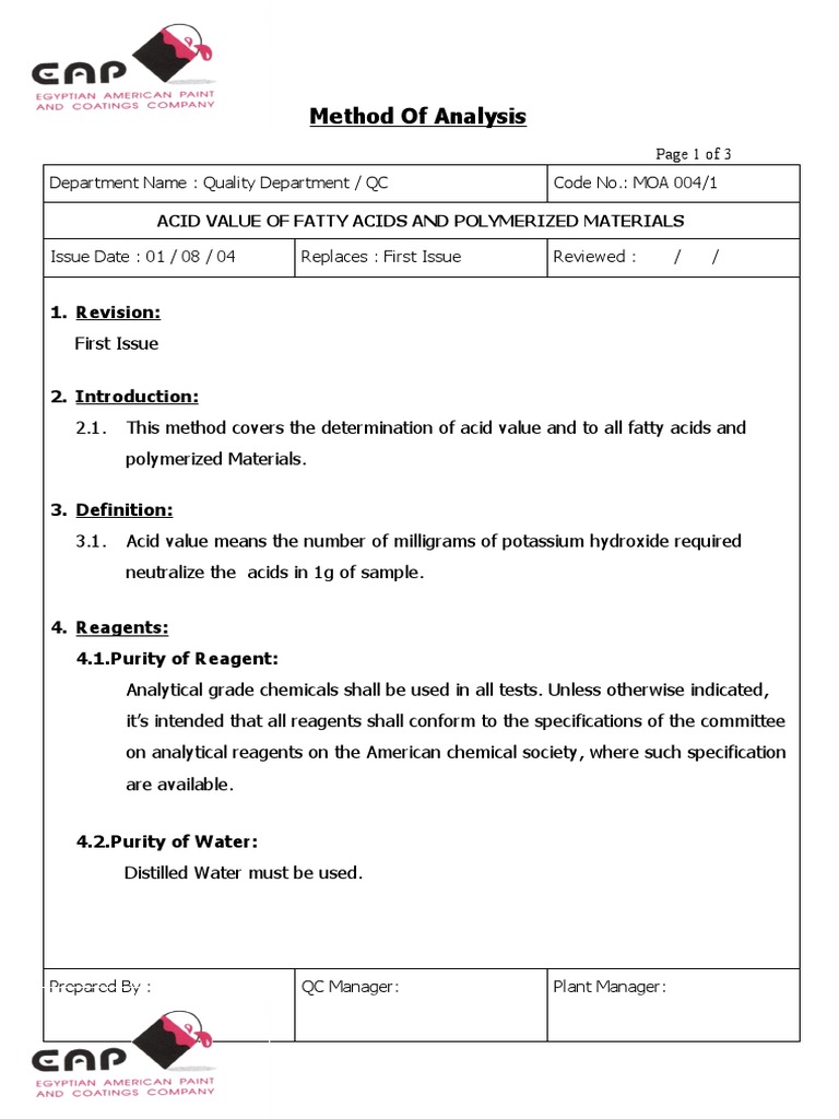 Acid Value Analysis Method Guide | PDF | Titration | Chemistry