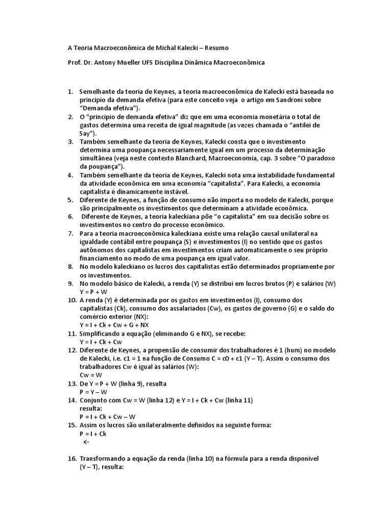 Kalecki.A Teoria Macroecon Mica de Michal Kalecki | PDF | Macroeconomia | Salvar