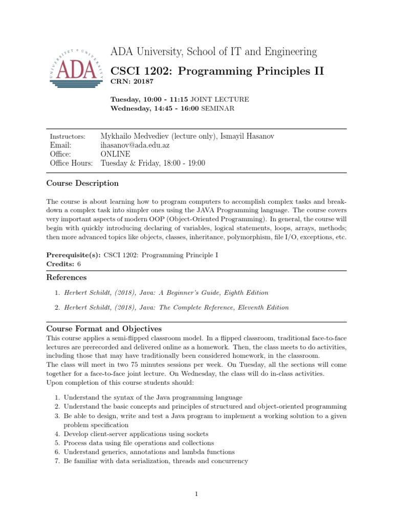 ADA University, School of IT and Engineering CSCI 1202: Programming Principles II | PDF | Class ...