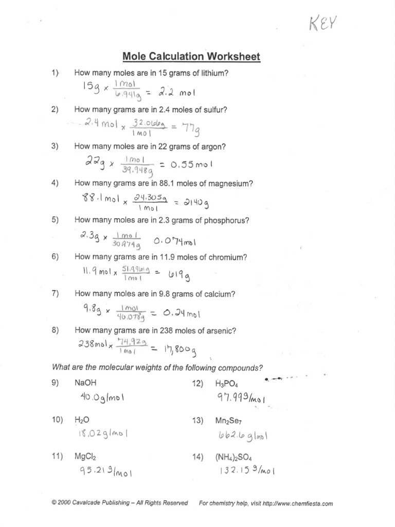Mole Calculation Worksheet | PDF