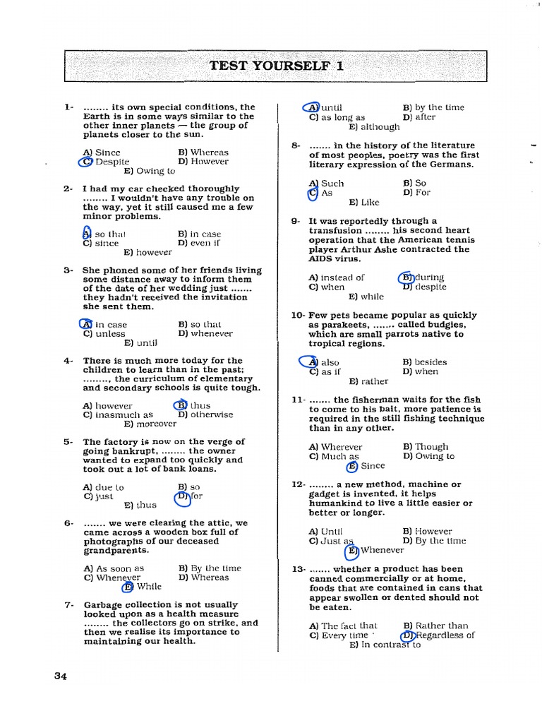 Conjunctions Multiple Choice With Answers ELS 12 - 35-38 | PDF